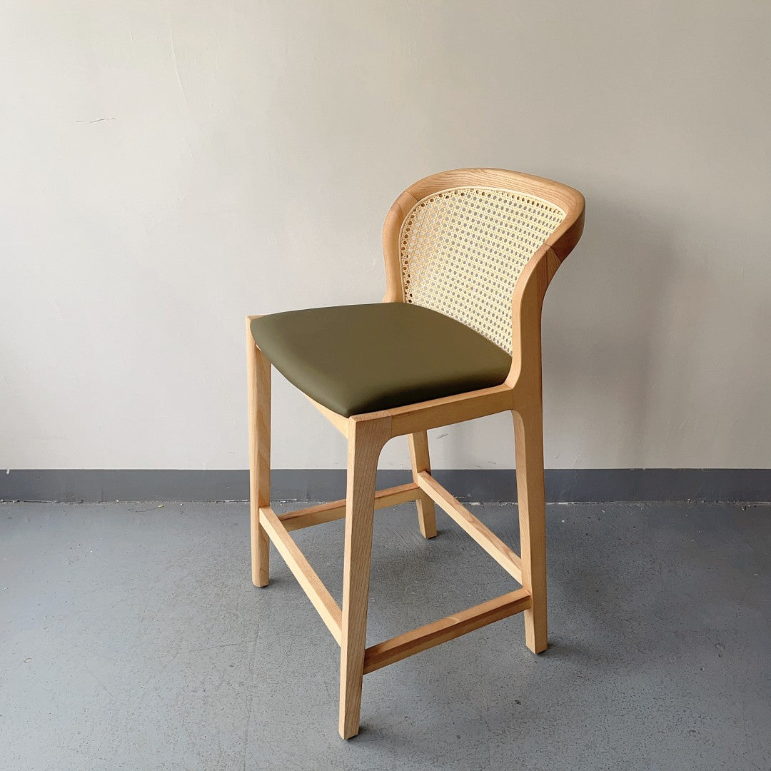Natural Rattan Back Bar Stool – Light Wood Frame with Deep Green Cushi ...